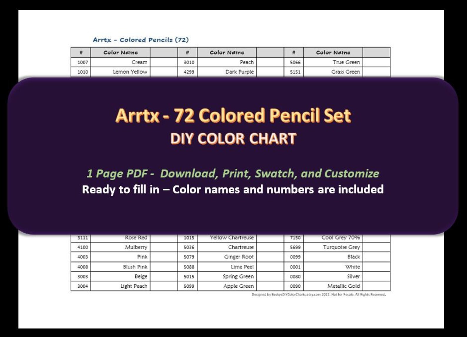 Arrtx 72 Colored Pencil Set DIY Color Chart / Swatch Sheet - Etsy
