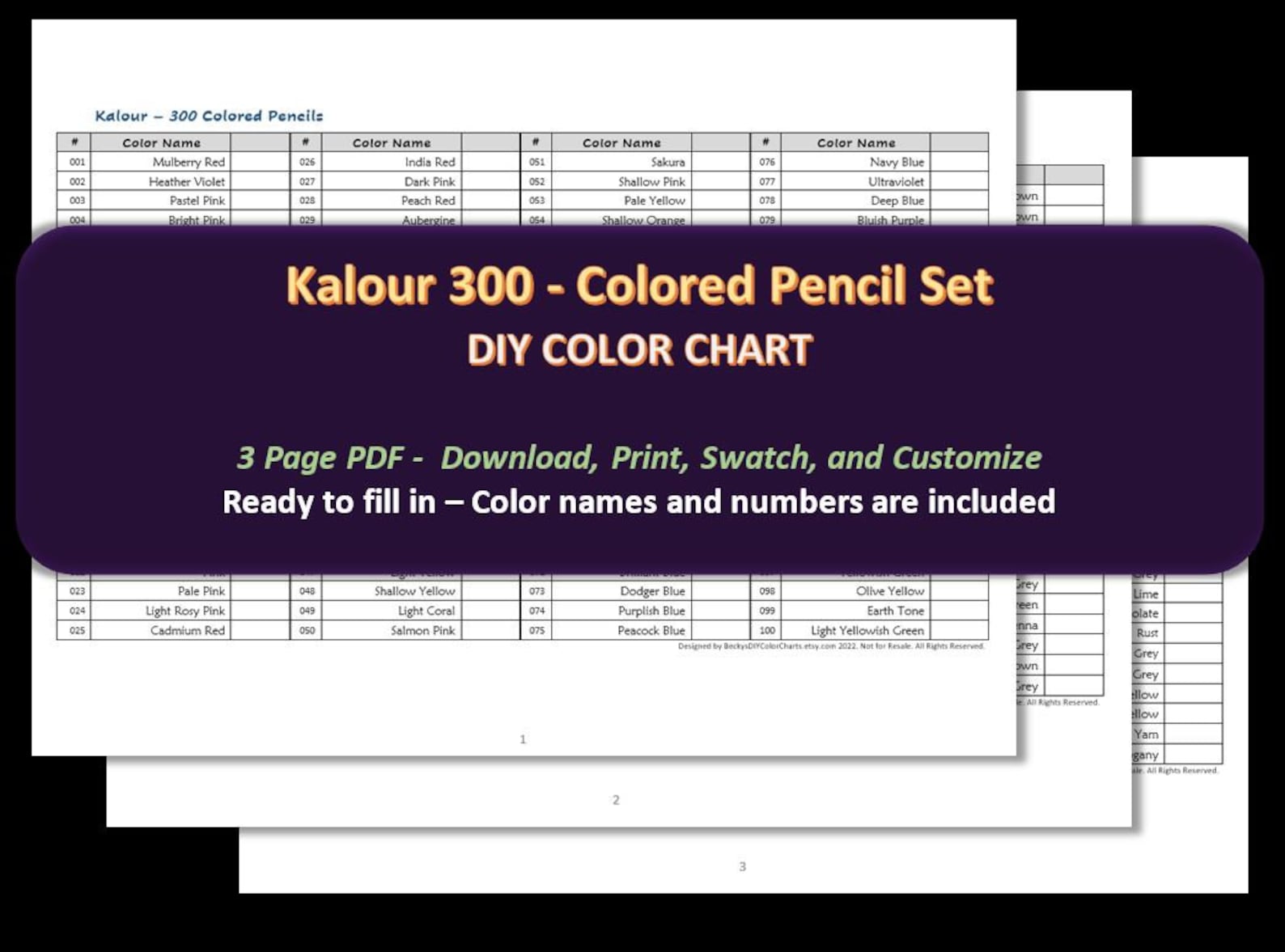 Kalour 300 Colored Pencil Set DIY Color Chart / Swatch - Etsy