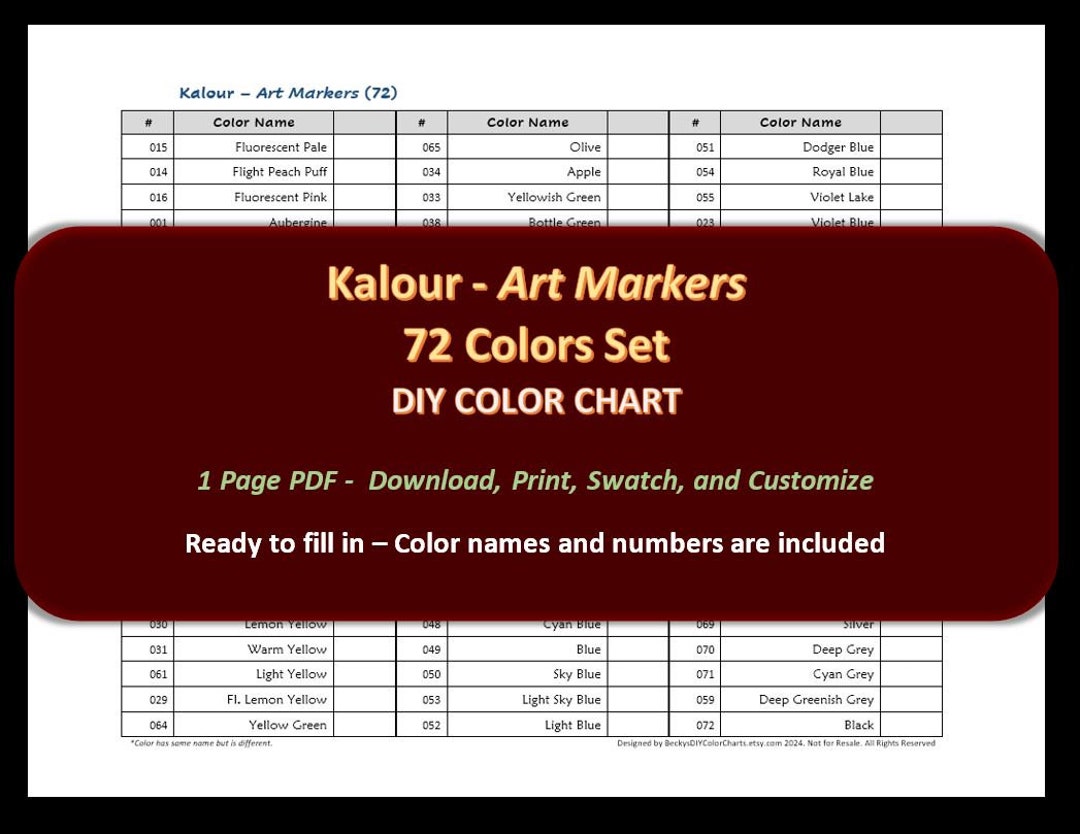 Kalour - 72 Art Markers Set - DIY Color Chart / Swatch Sheet - Digital ...