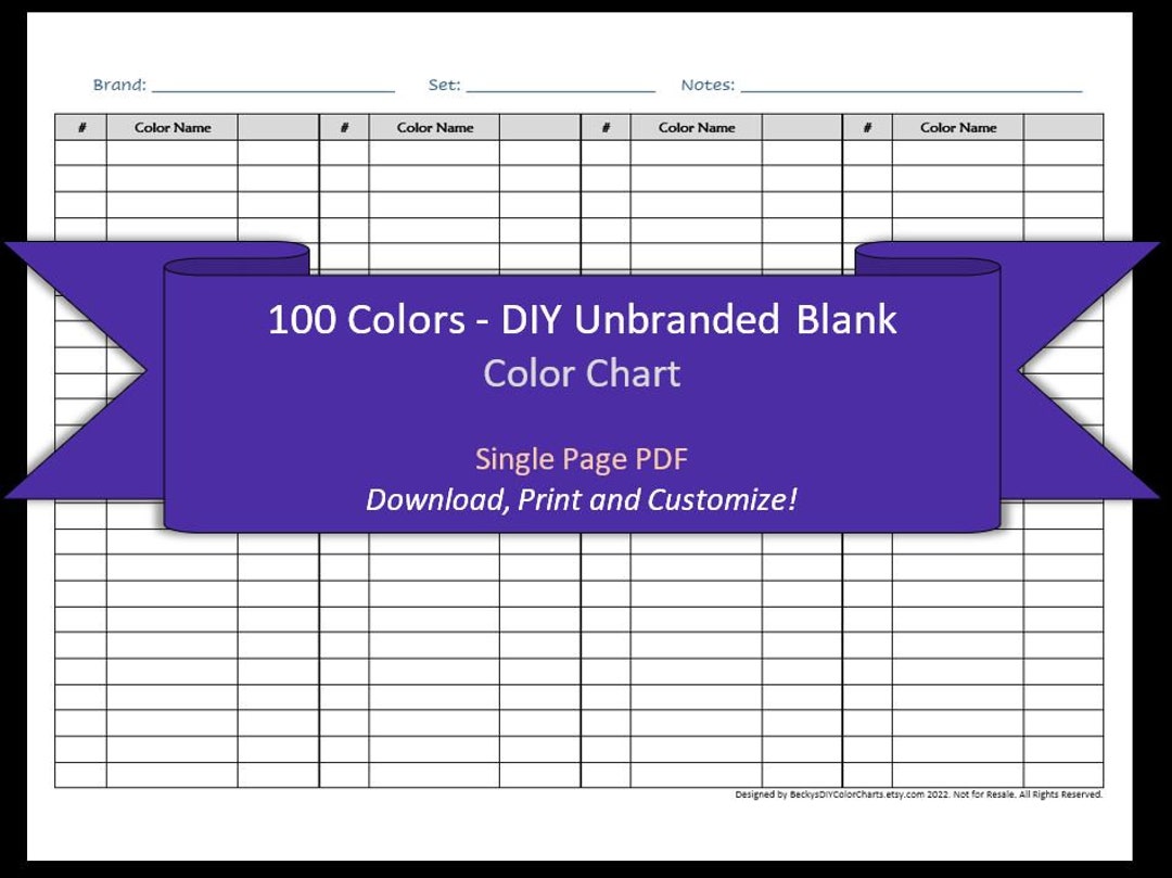 100 Colors - 1 Page - DIY Blank Color Chart /swatch Sheet - Digital ...