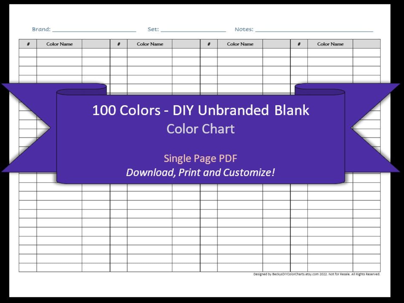 100 Colors 1 Page DIY Blank Color Chart /swatch Sheet - Etsy