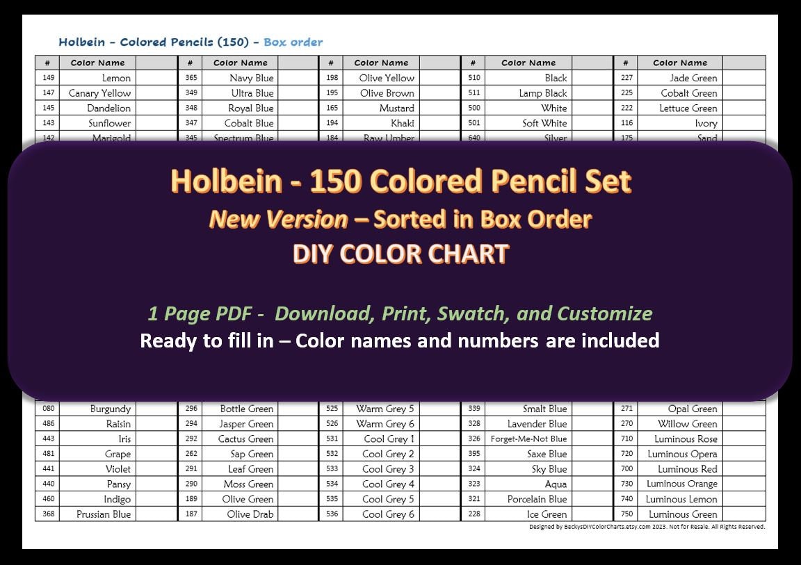 Holbein - V2 - Box Order - 150 Colored Pencil Set - DIY Color Chart ...