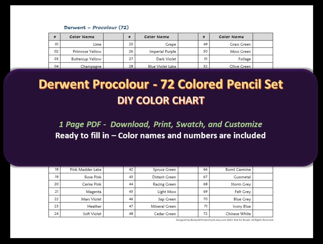 Derwent Procolour - 72 Colored Pencil Set - DIY Color Chart / Swatch ...