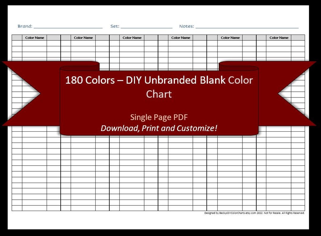 180 Colors - 1 Page - DIY Blank Color Chart /swatch Sheet - Digital ...