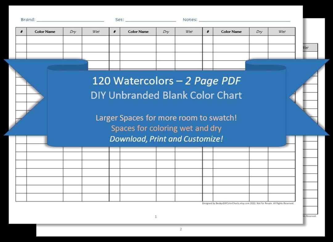 120 Watercolor - 2 Pages - DIY Blank Color Chart /swatch Sheet ...