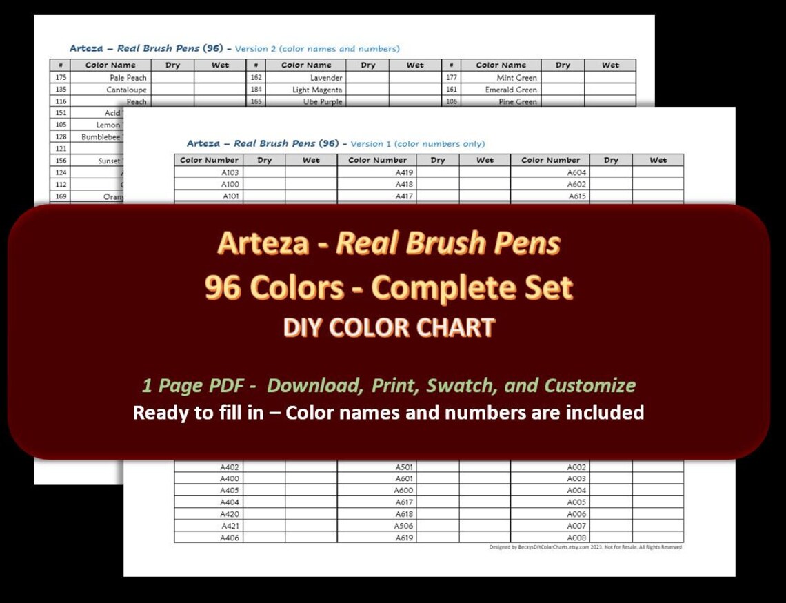 Arteza Brush Pens - 96 Colors Set - DIY Color Chart / Swatch Sheet ...