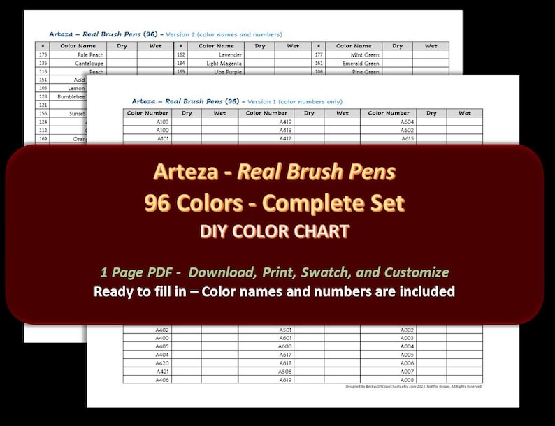 Arteza Brush Pens 96 Colors Set DIY Color Chart / Swatch Sheet Digital ...