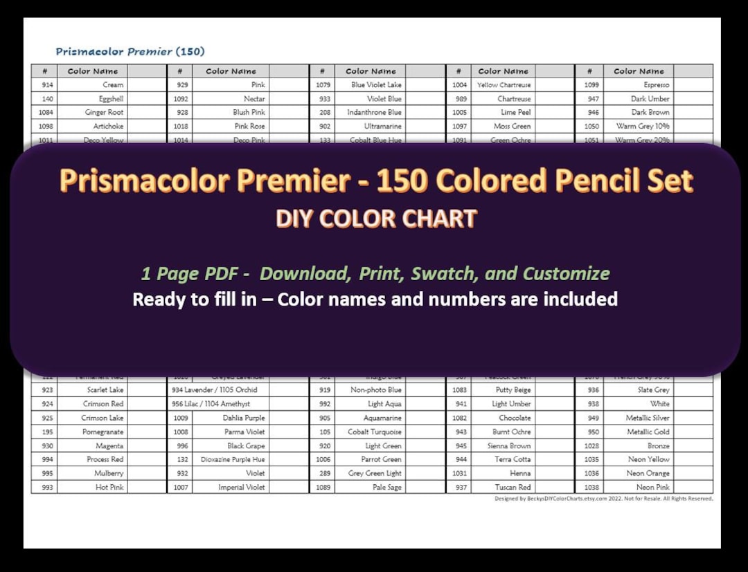 Prismacolor Premier 150 Colored Pencil Set DIY Color Chart / Swatch ...