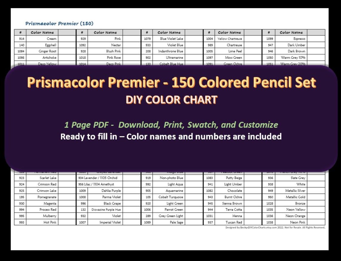 Prismacolor Premier 150 Colored Pencil Set DIY Color Chart - Etsy