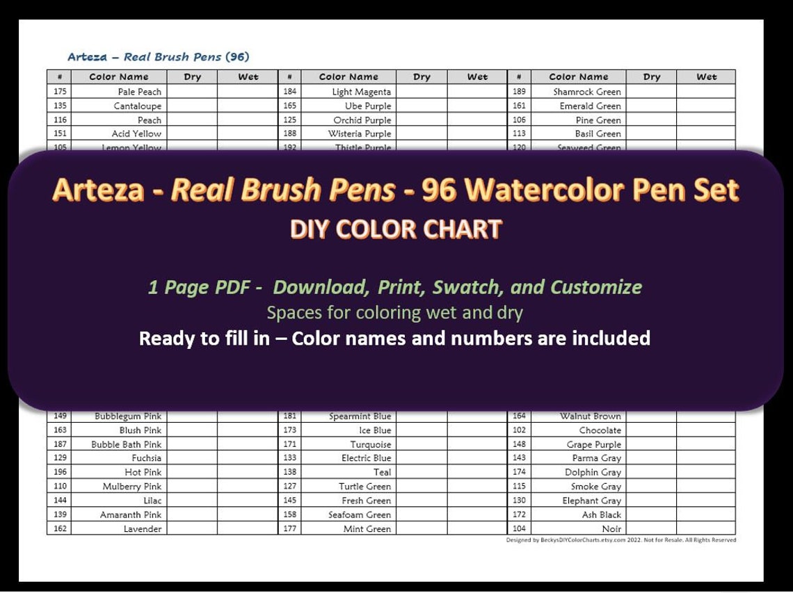 Arteza Brush Pens 96 Colors Set DIY Color Chart / Swatch - Etsy