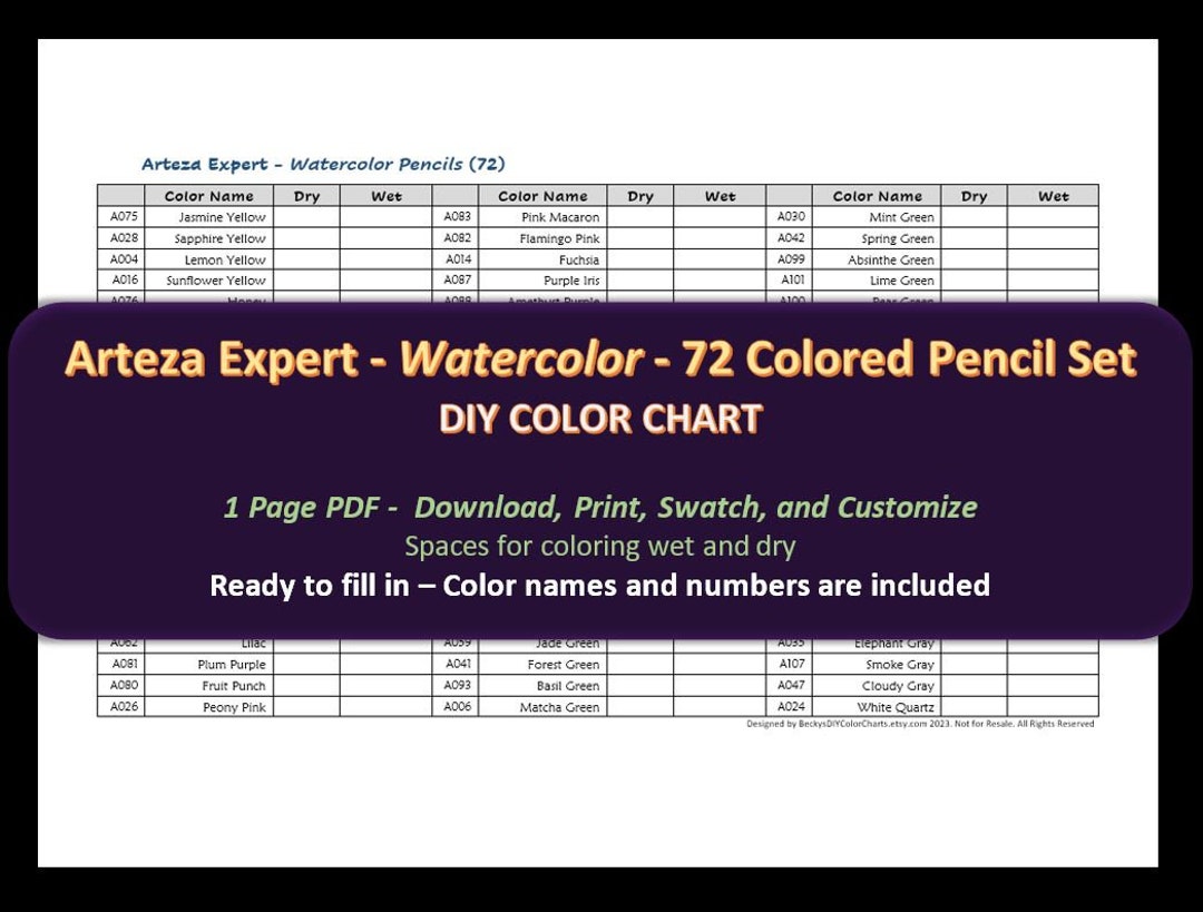 Arteza Expert - Watercolor - 72 Pencil Set - DIY Color Chart / Swatch ...