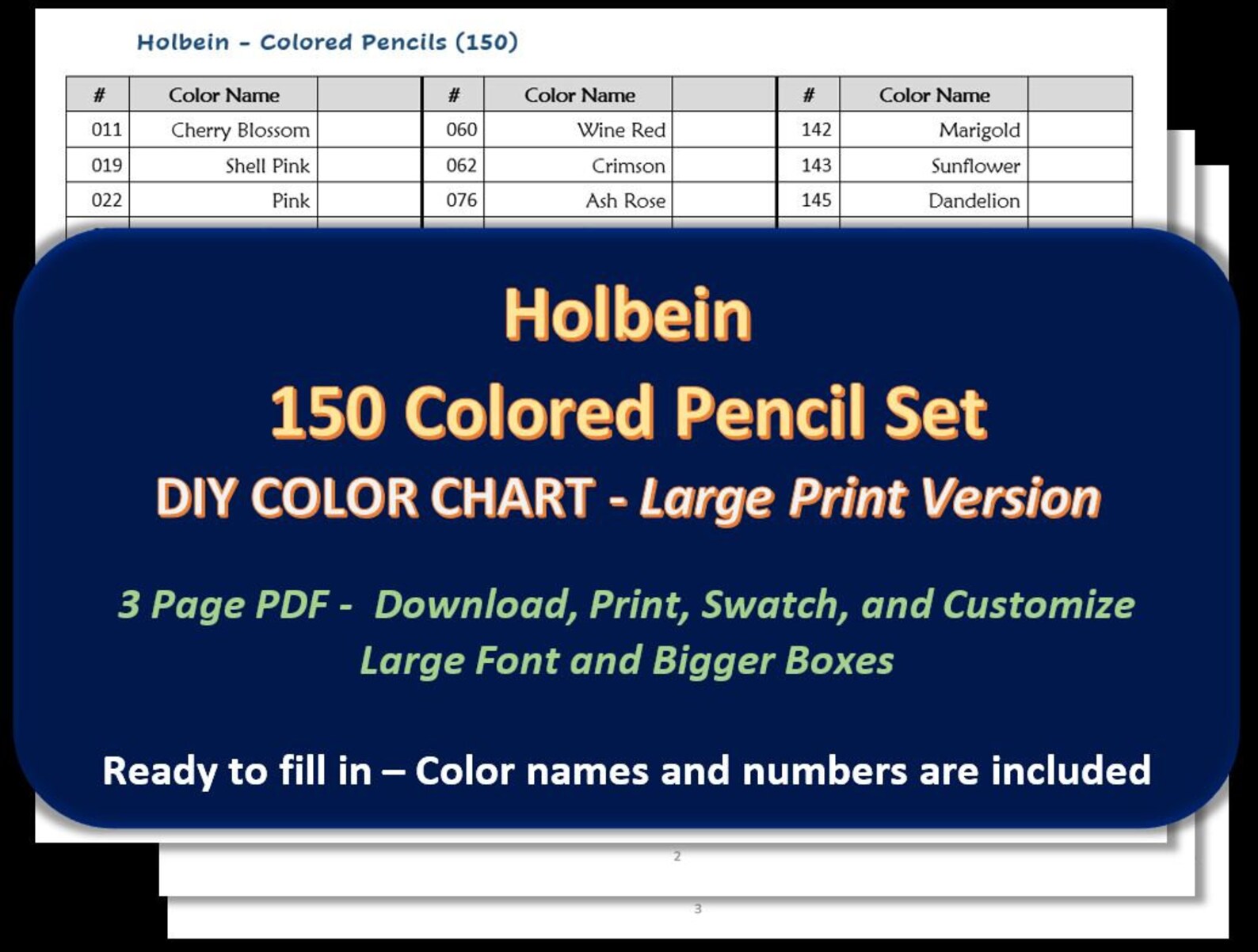 Holbein - LARGE PRINT 150 Colored Pencil Set - DIY Color Chart / Swatch ...