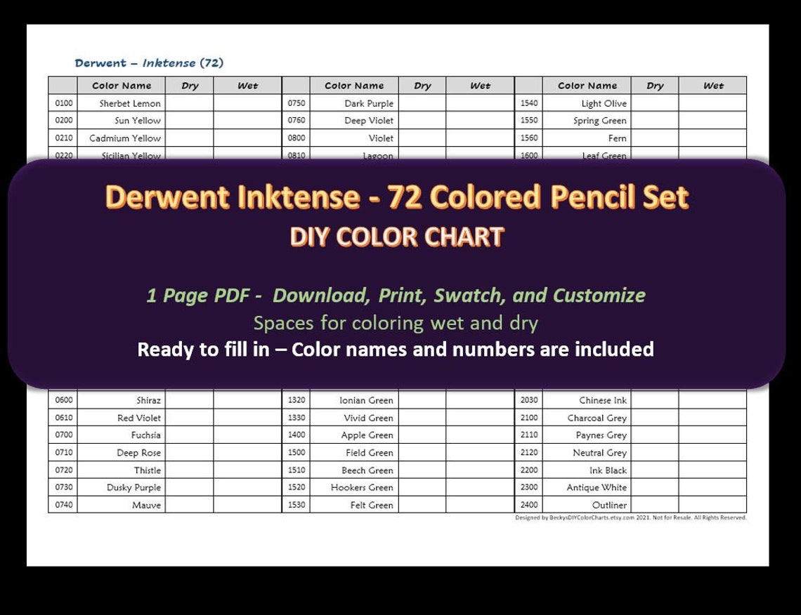 Derwent Inktense 72 Pencil Set DIY Blank Color Chart | Etsy