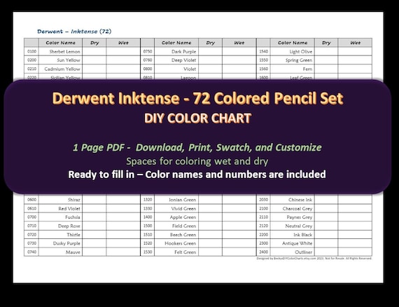 Derwent Inktense 72 Pencil Set DIY Blank Color Chart | Etsy