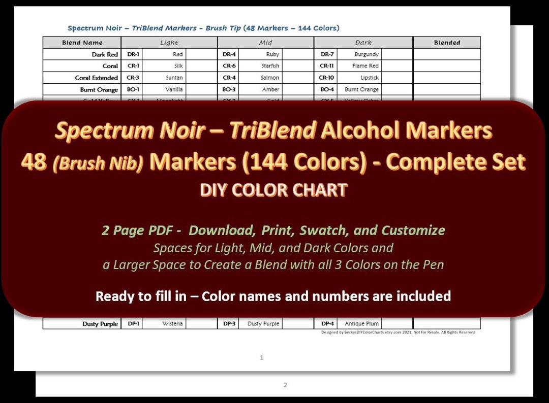 Spectrum Noir - 48 Brush Nib Triblend Marker Pens - DIY Color Chart ...