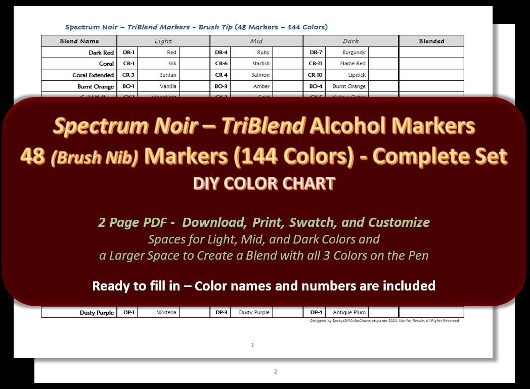 Spectrum Noir - 48 Brush Nib Triblend Marker Pens - DIY Color Chart ...