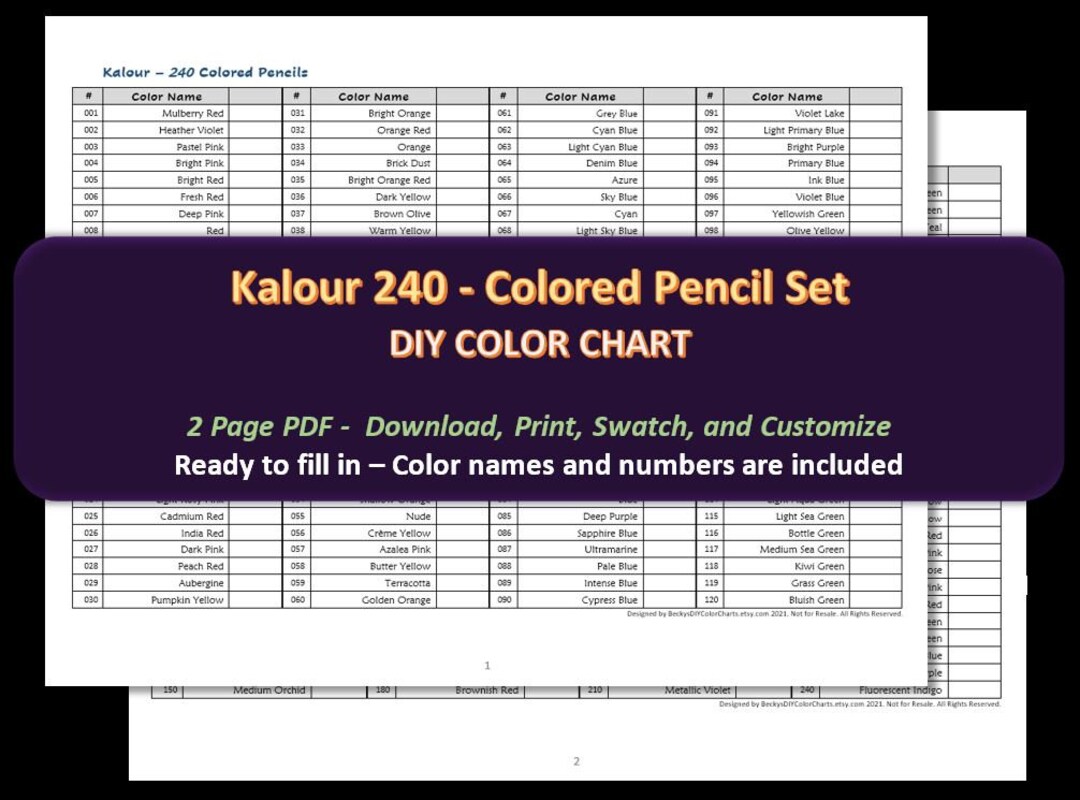 Kalour - 240 Colored Pencil Set - DIY Color Chart / Swatch Sheet ...