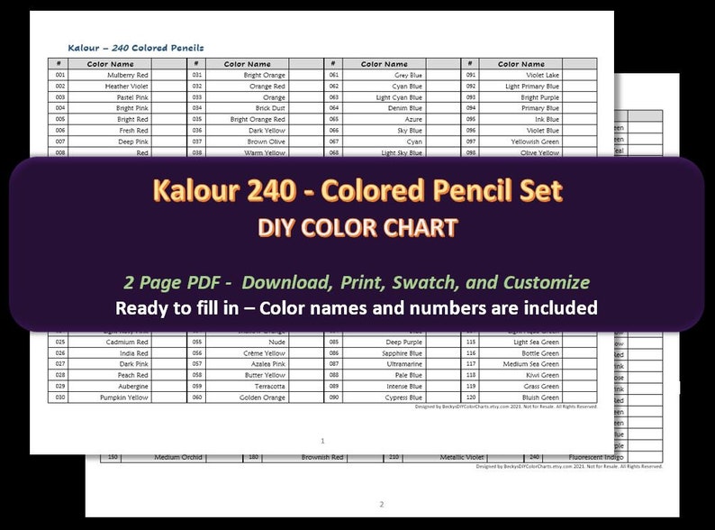 Kalour - 240 Colored Pencil Set - DIY Color Chart / Swatch Sheet ...