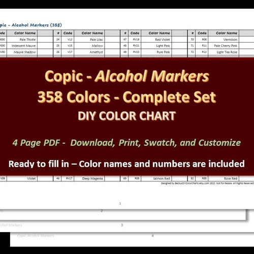 Copic 358 Alcohol Markers DIY Color Chart / Swatch Sheet - Etsy