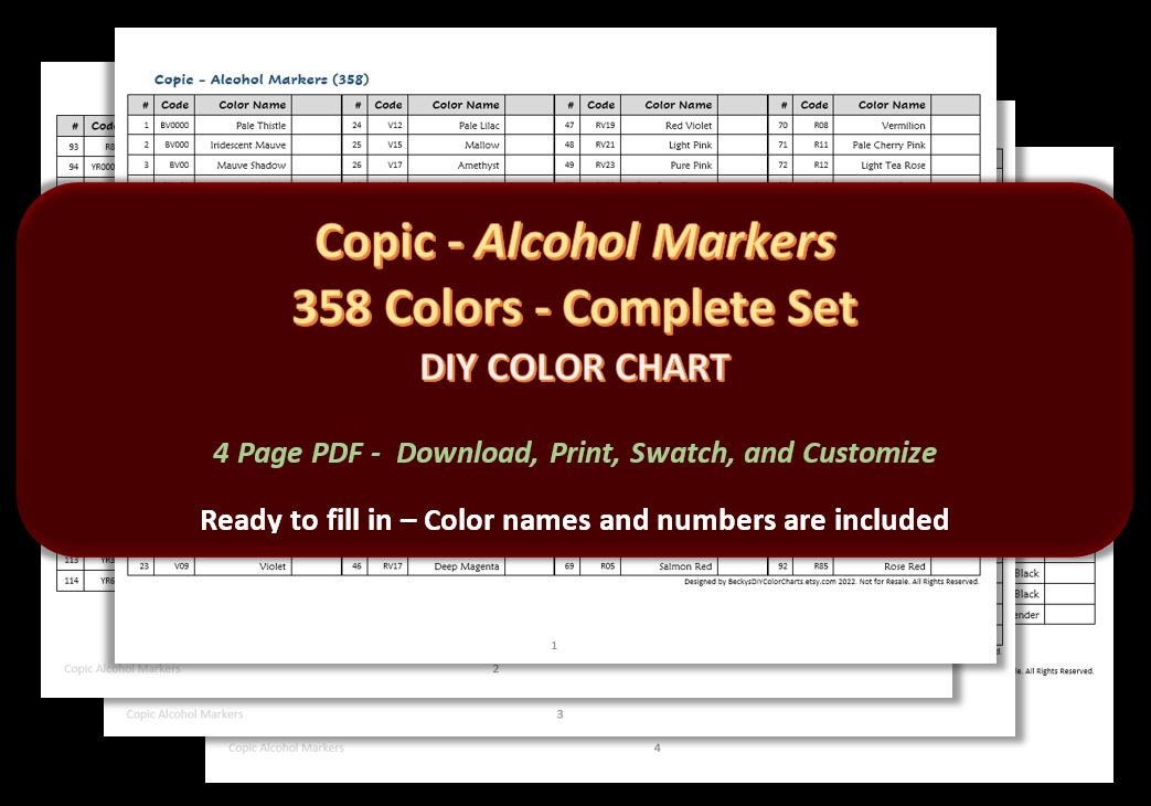 Copic - 358 Alcohol Markers - DIY Color Chart / Swatch Sheet - Digital ...