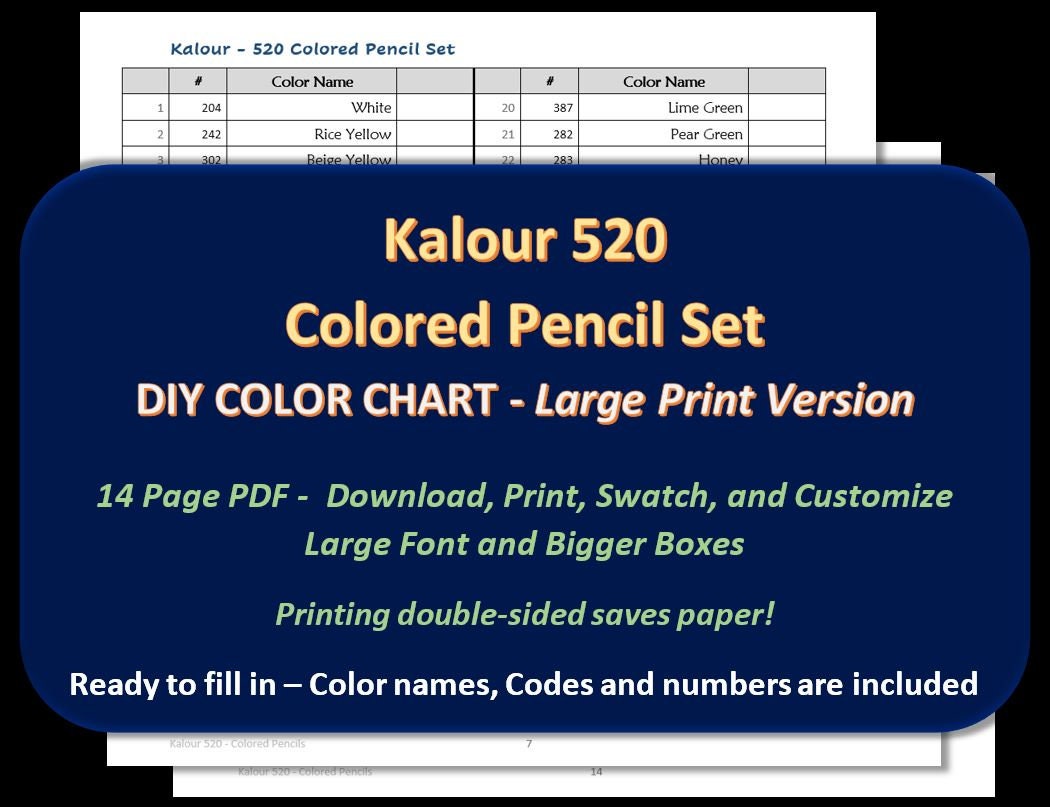 Kalour - LARGE PRINT 520 Colored Pencil Set - DIY Blank Color Chart ...