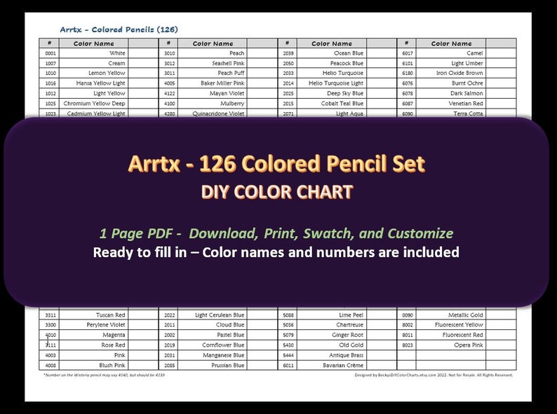 Arrtx - 126 Colored Pencil Set - DIY Color Chart / Swatch Sheet ...