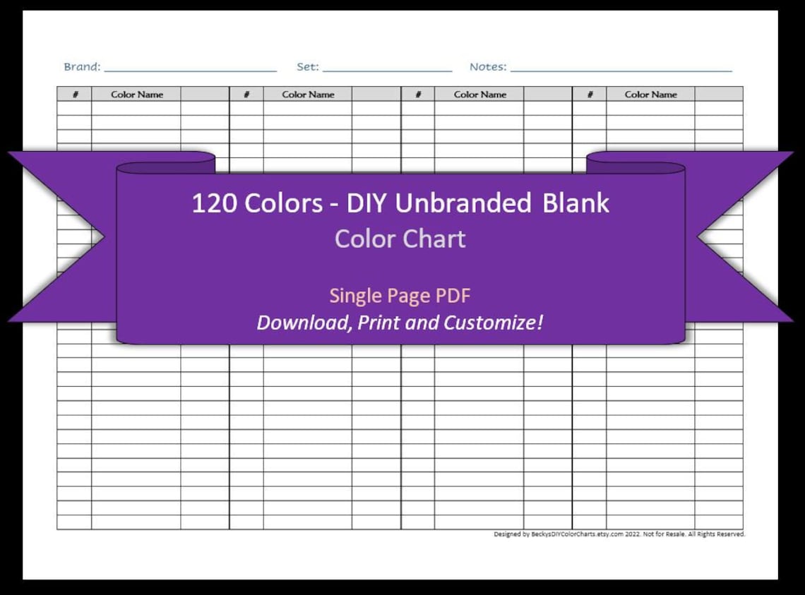 120 Colors 1 Page DIY Blank Color Chart /swatch Sheet | Etsy