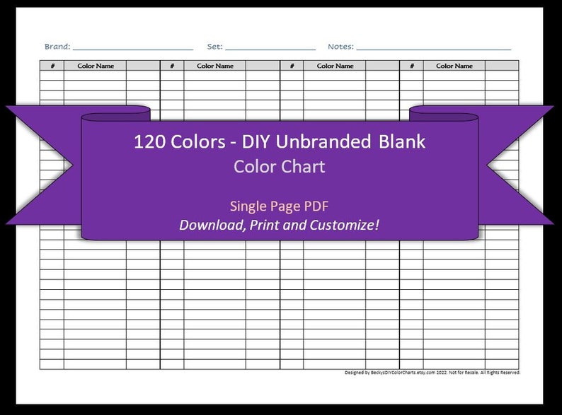 120 Colors - 1 Page - DIY Blank Color Chart /swatch Sheet - Digital ...