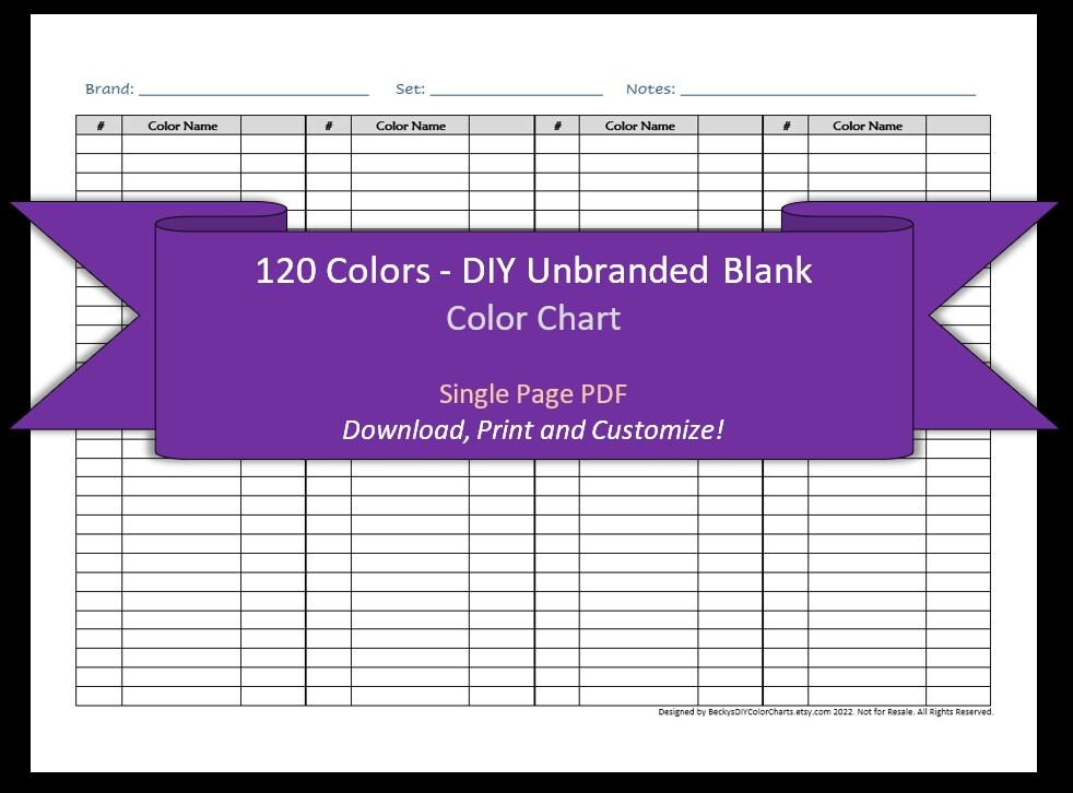 120 Colors - 1 Page - DIY Blank Color Chart /swatch Sheet - Digital ...