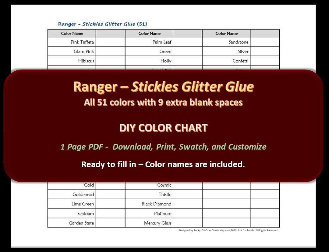 Ranger - Stickles Glitter Glue - DIY Color Chart / Swatch Sheet - Digital Download - Etsy