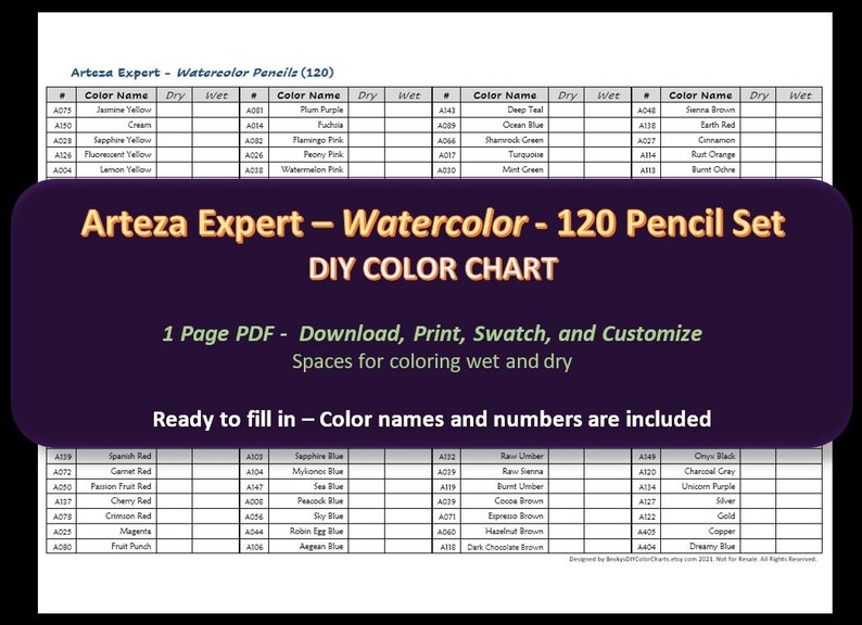 Arteza Expert Watercolor 120 Pencil Set DIY Color Chart - Etsy