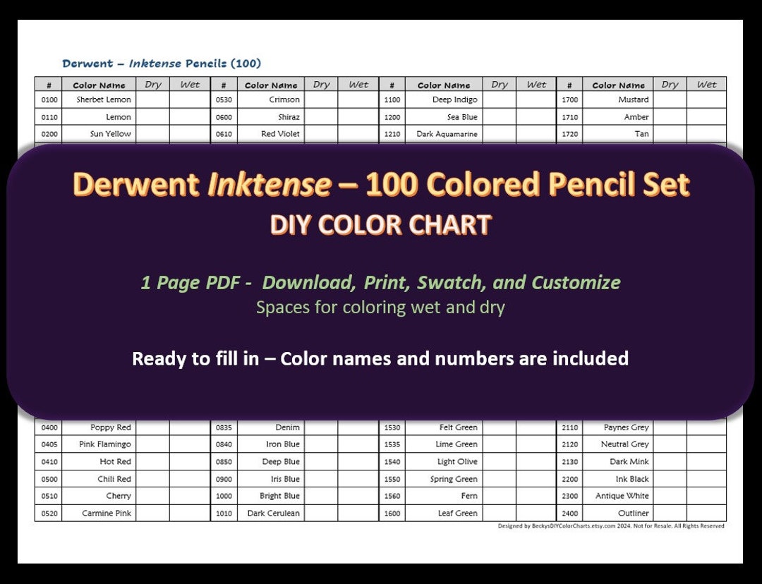 Derwent Inktense - 100 Pencil Set - DIY Blank Color Chart /swatch Sheet ...