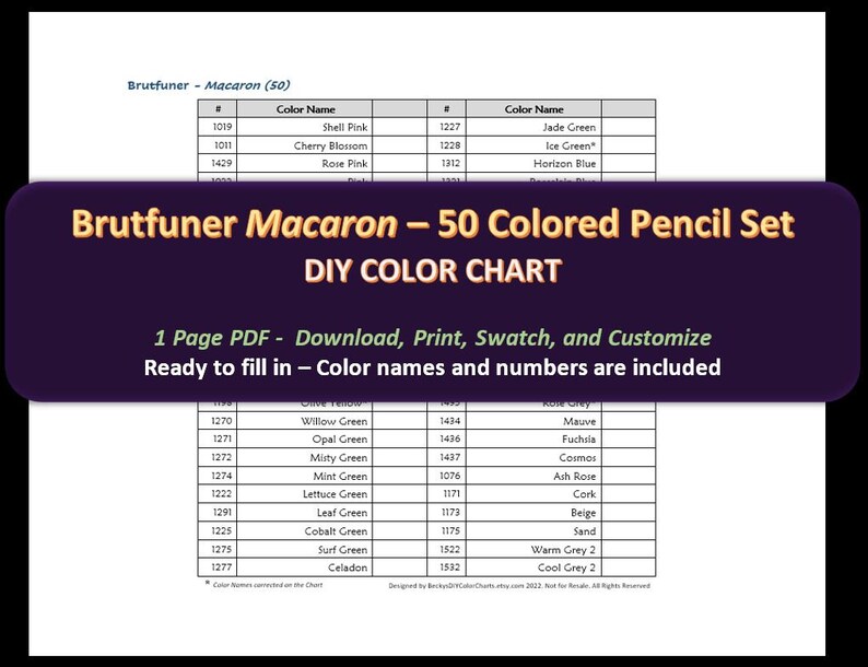 Brutfuner Macaron 50 Colored Pencil Set DIY Color Chart / | Etsy Australia