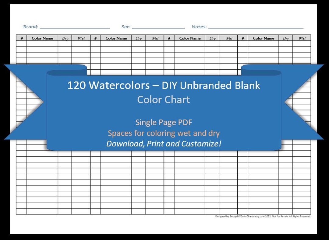 120 Watercolor - 1 Page - DIY Blank Color Chart /swatch Sheet - Digital ...