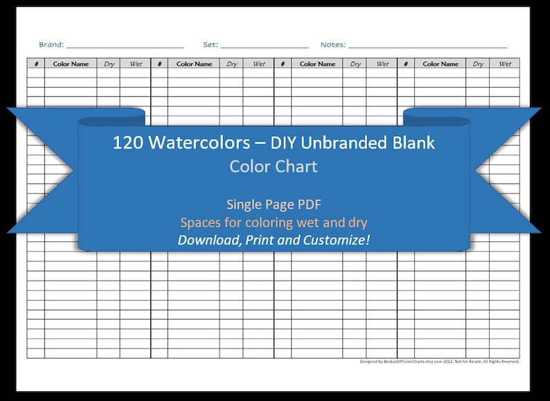 120 Watercolor - 1 Page - DIY Blank Color Chart /swatch Sheet - Digital ...