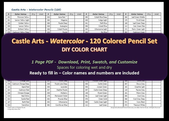 Castle Arts Watercolor 120 Pencil Set DIY Color Chart / | Etsy