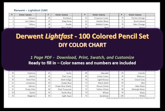 Derwent Lightfast 100 Colored Pencil Set DIY Color Chart / - Etsy