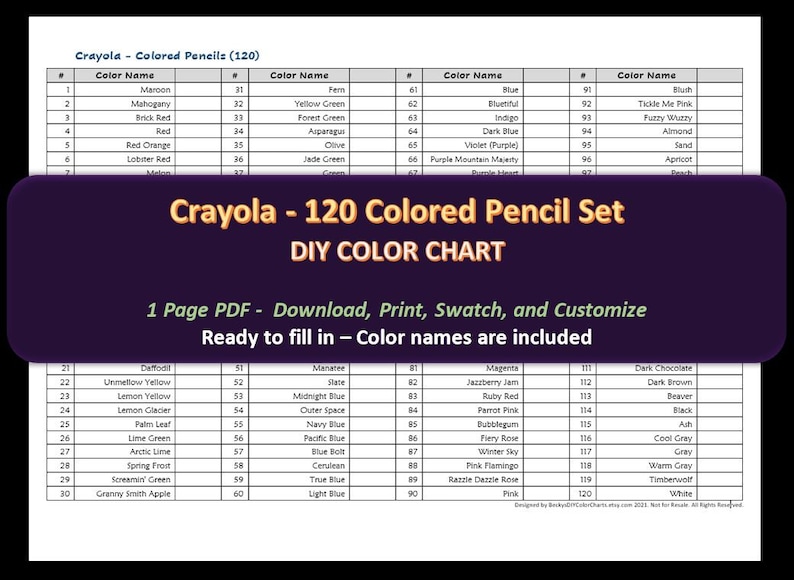 Crayola 120 Colored Pencil Set DIY Color Chart / Swatch | Etsy