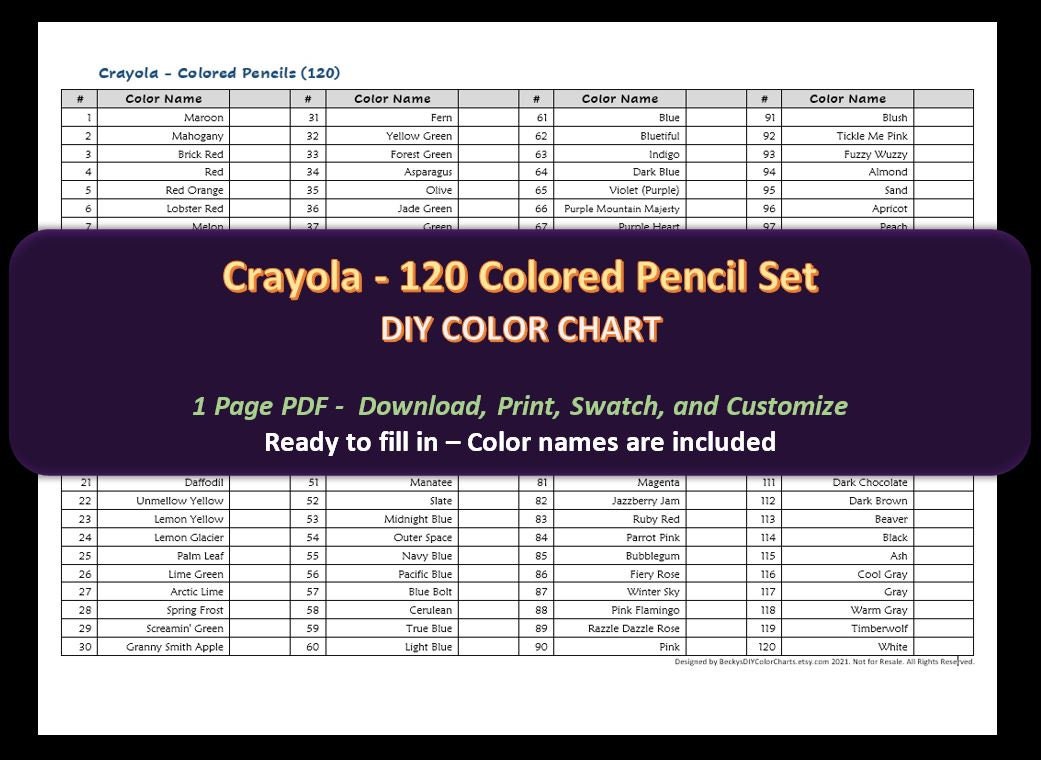 Crayola - 120 Colored Pencil Set - DIY Color Chart / Swatch Sheet ...