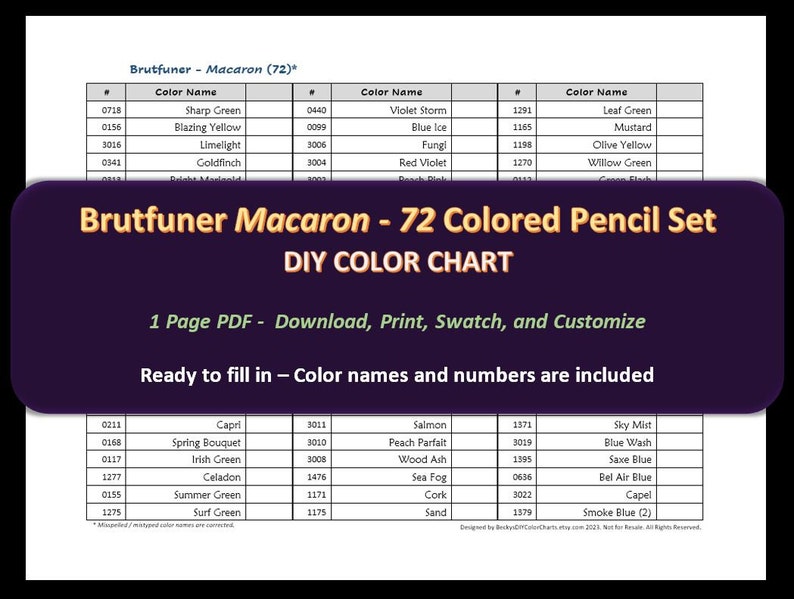Brutfuner Macaron - 72 Colored Pencil Set - DIY Color Chart / Swatch ...
