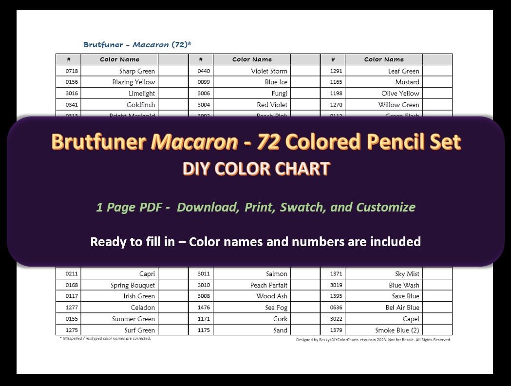 Brutfuner Macaron - 72 Colored Pencil Set - DIY Color Chart / Swatch ...