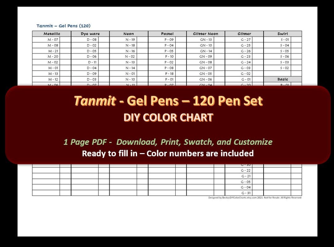 Tanmit - Gel Pens - 120 Pen Set - DIY Color Chart / Swatch Sheet ...