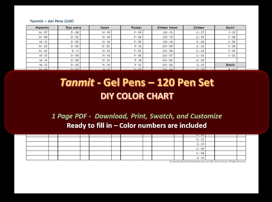 Tanmit - Gel Pens - 120 Pen Set - DIY Color Chart / Swatch Sheet ...