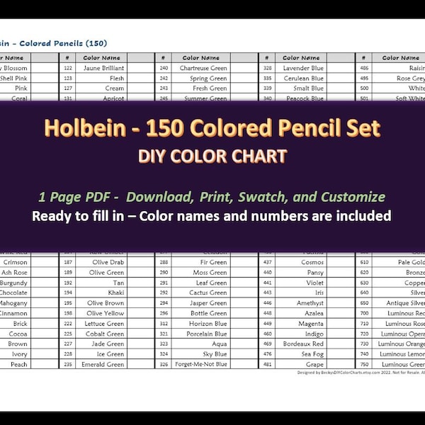 Holbein 150 Colored Pencil Color Chart by Color - Etsy