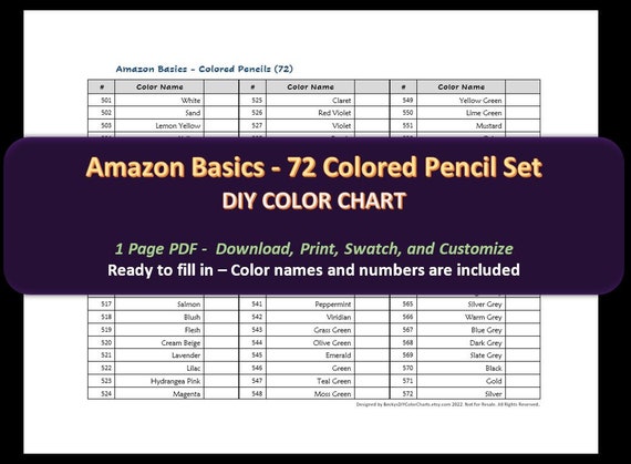 Amazon Basics 72 Colored Pencil Set DIY Color Chart / | Etsy