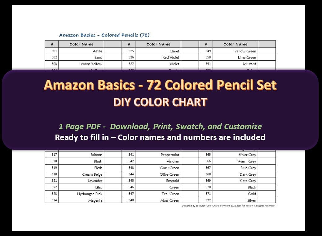 Amazon Basics 72 Colored Pencil Set DIY Color Chart / - Etsy
