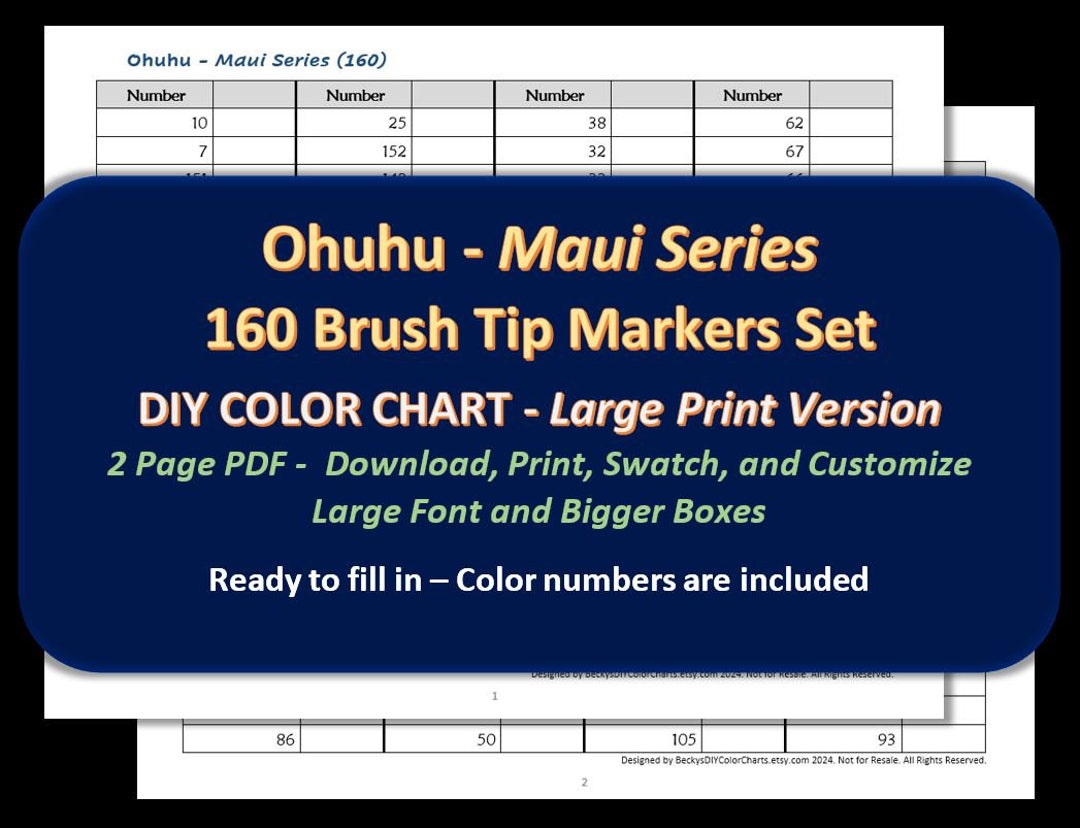 Ohuhu - LARGE PRINT Maui Series 160 Marker Set - DIY Color Chart ...