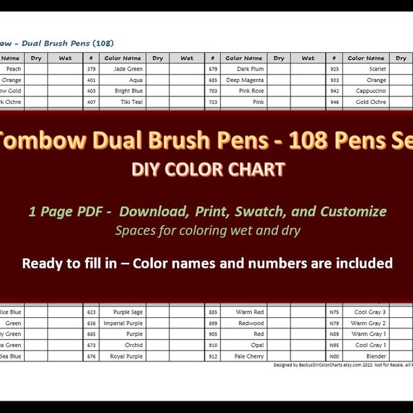 108 Tombow Dual Brush Pens Swatch Chart - Etsy