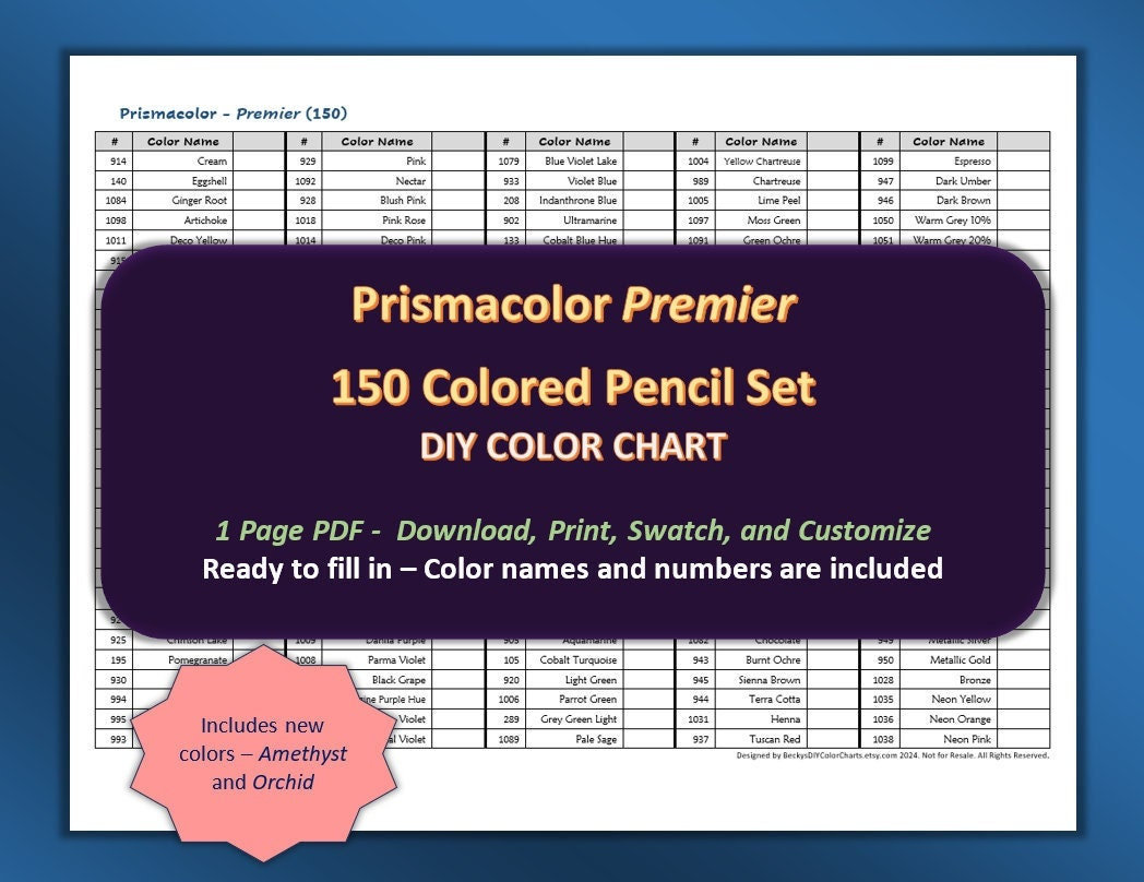 Prismacolor Premier - 150 Colored Pencil Set - PDF DIY Color Chart ...