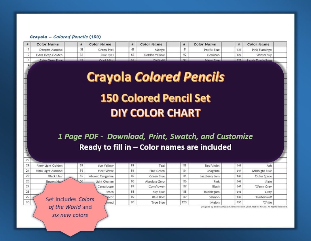 Crayola - 150 Colored Pencil Set - PDF DIY Color Chart / Swatch Sheet ...